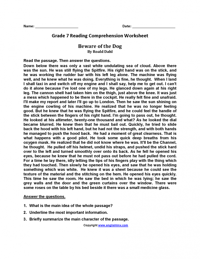 Grade 7 Reading Comprehension Worksheets Pdf Amulette